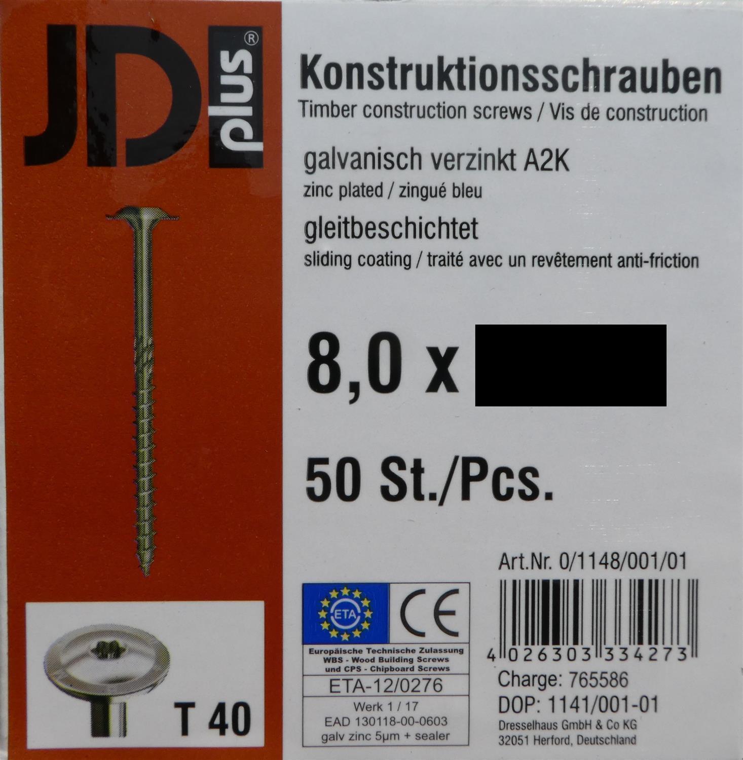 JD-Plus Tellerkopfschraube, 8x380mm, Stahl verzinkt, 1 Stück | JDPTEL-v-8380-1